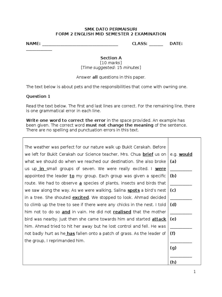 English Form 2 Mid Sem 2 Exam | PDF