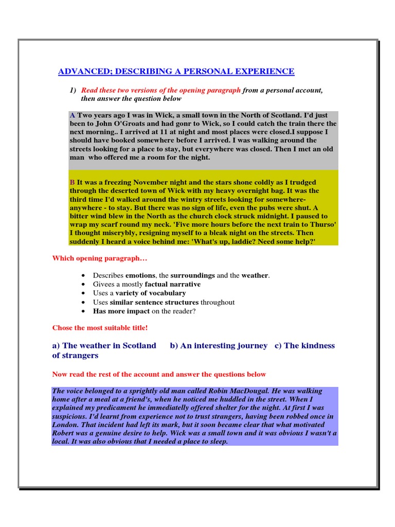 ADVANCED DESCRIBING A Personal Experience | PDF