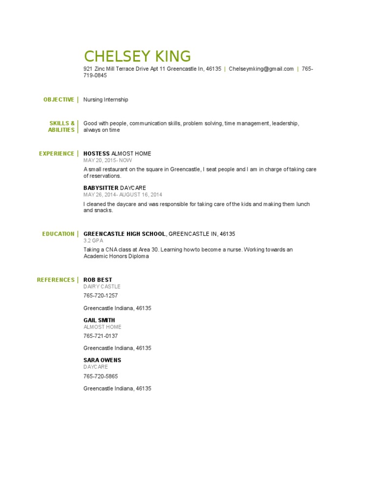 Nursing Internship Resume for Chelsey King | PDF