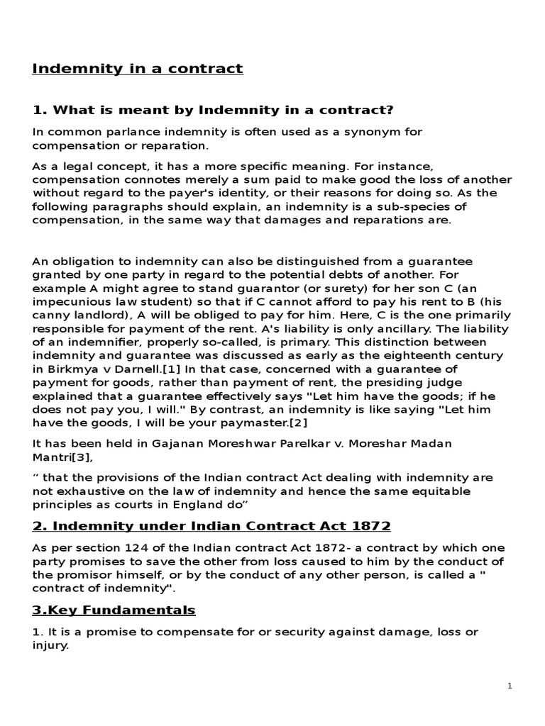 Indemnity In A Contract Pdf Indemnity Damages