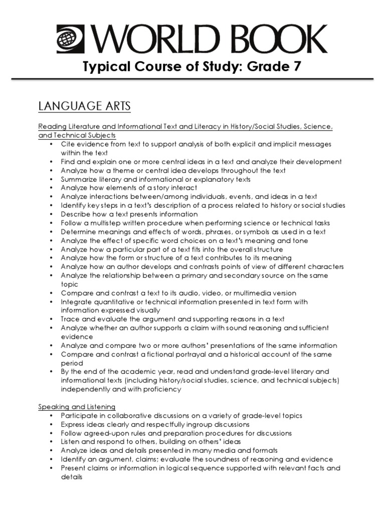 Typical Course of Study: Grade 7: Language Arts | PDF | Area | Equations