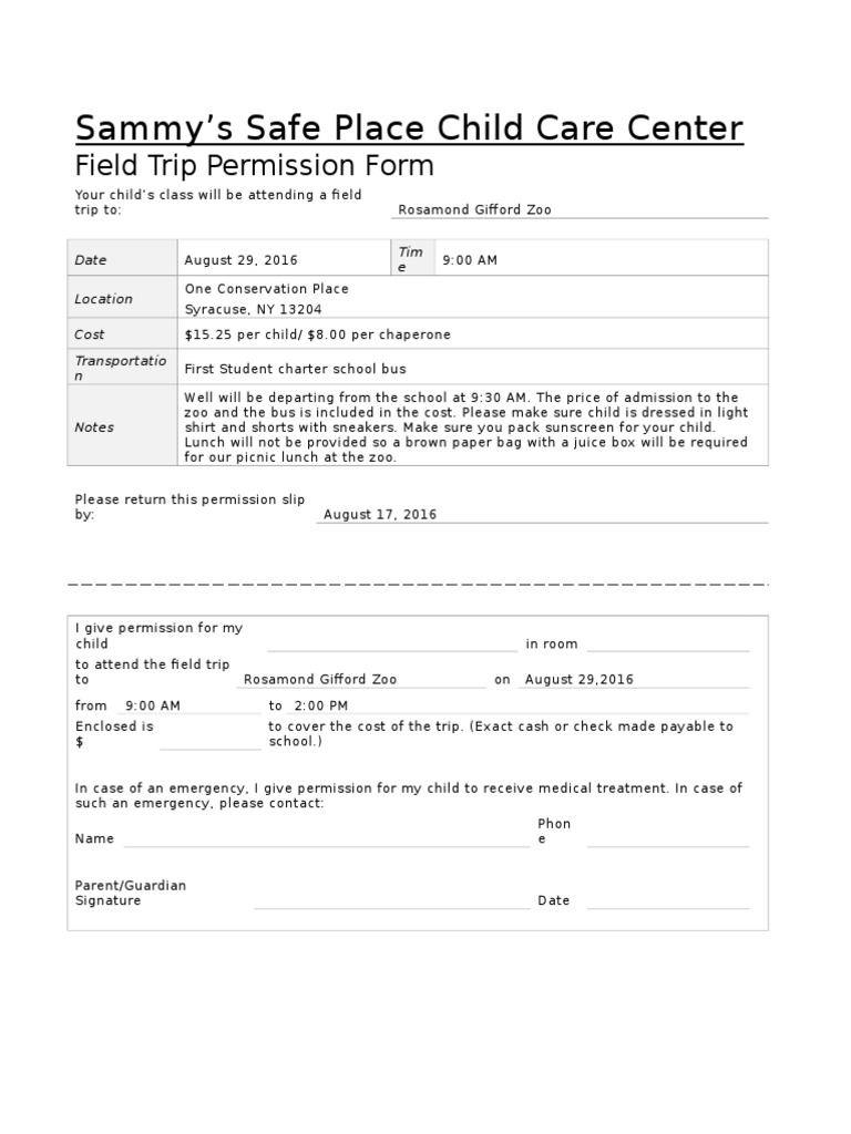 Field Trip Permission Form for Zoo Visit | PDF