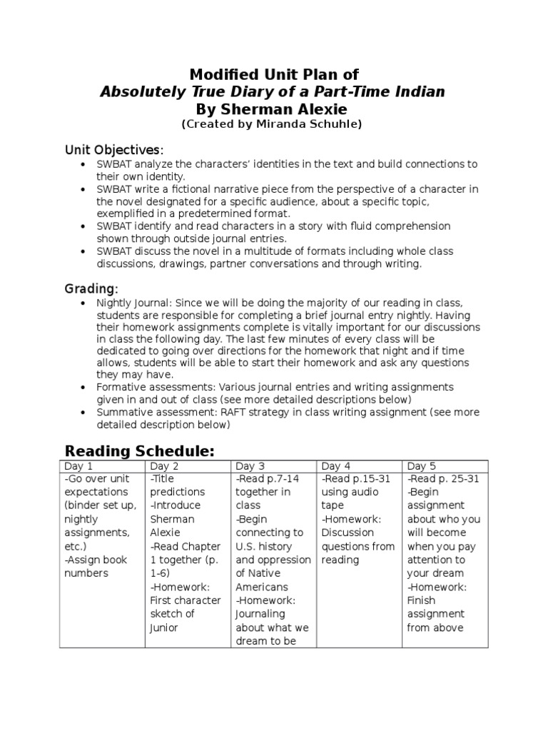 Absolutely True Diary of A Part-Time Indian | PDF | Homework | Reading ...