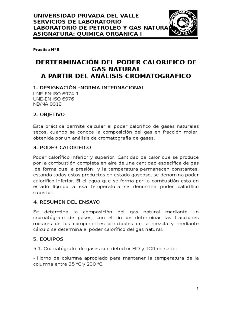 Práctica #8. Determinacion Del Poder Calorifico Del Gas Natural A ...