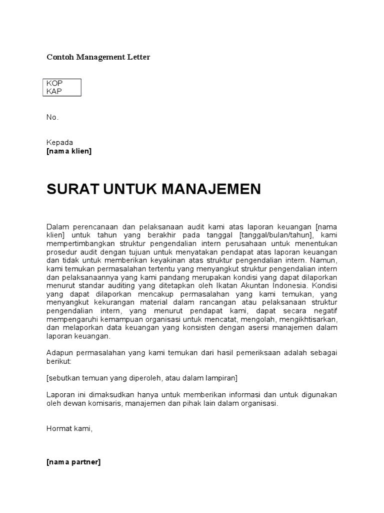Contoh Management Letter | PDF | Pengelolaan Keuangan & Uang