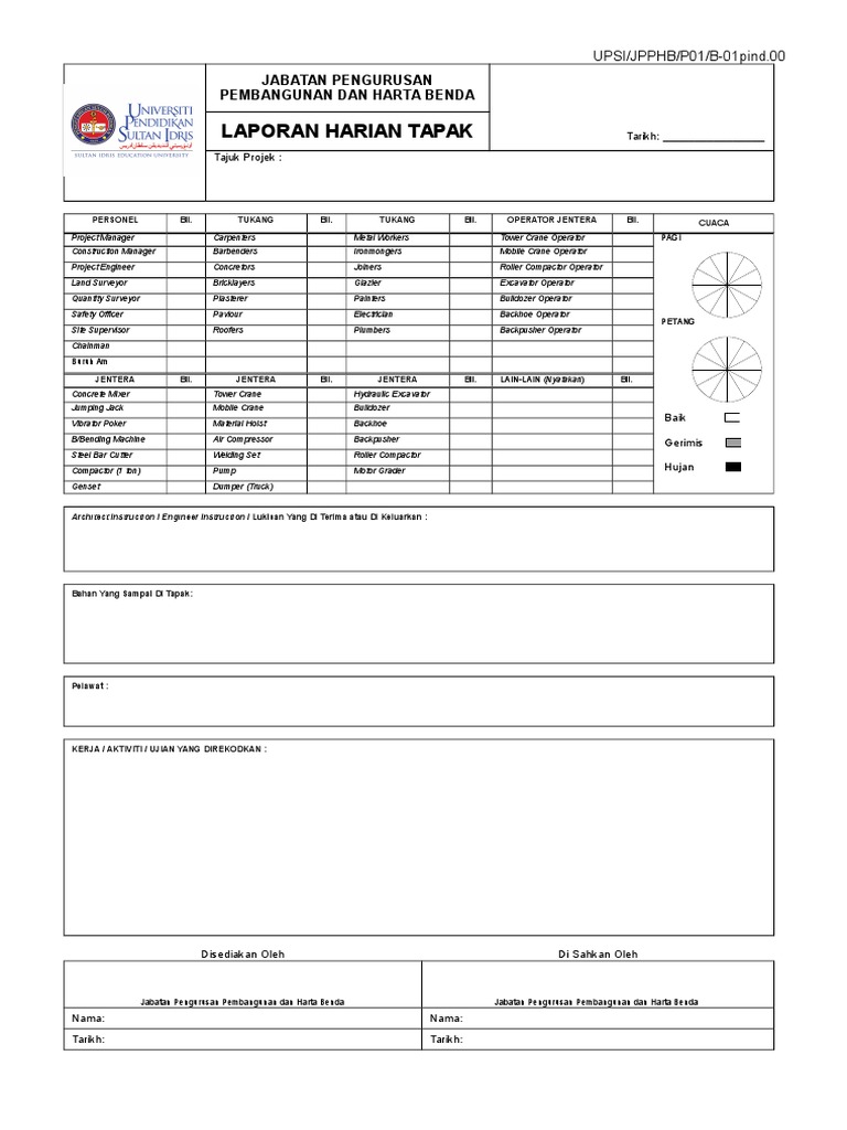 P01B01-Laporan Harian Tapak | PDF | Construction Equipment | Machines