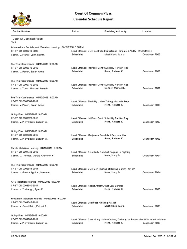 Court Schedule for Legal Professionals | PDF