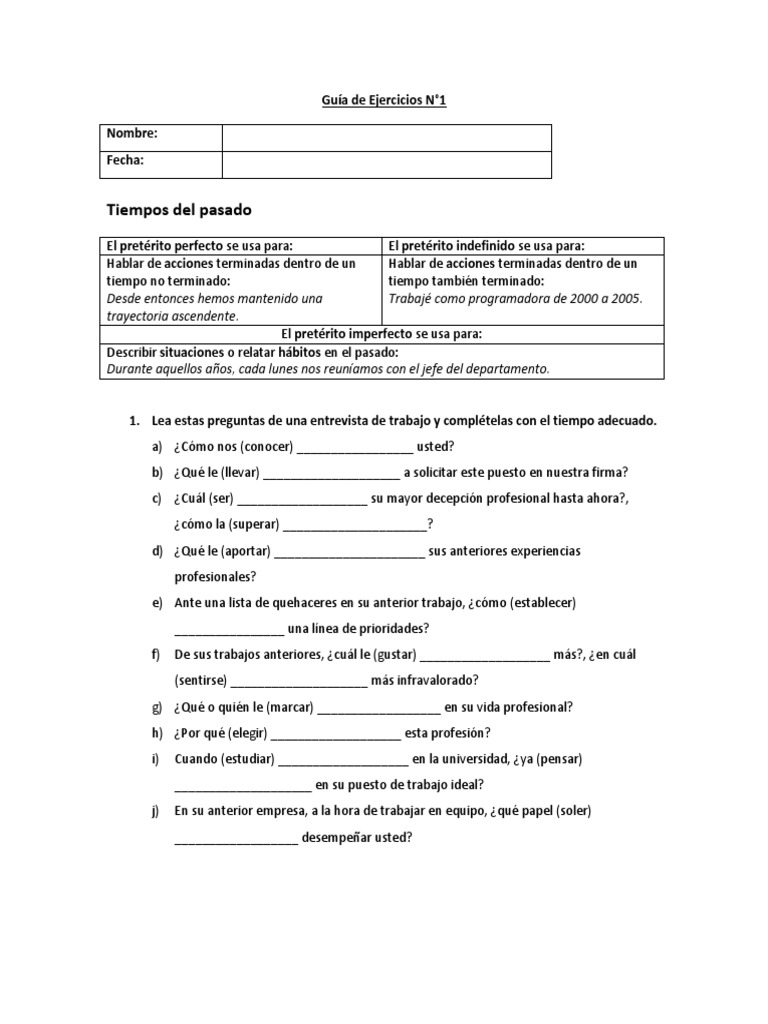 Guía de Ejercicios - Uso de Pretéritos | PDF | Arte