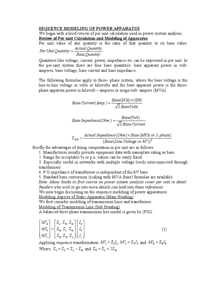 Lecture 12 Per Unit Calculation and Modeling of Apparatus | PDF | Transformer | Electrical Impedance