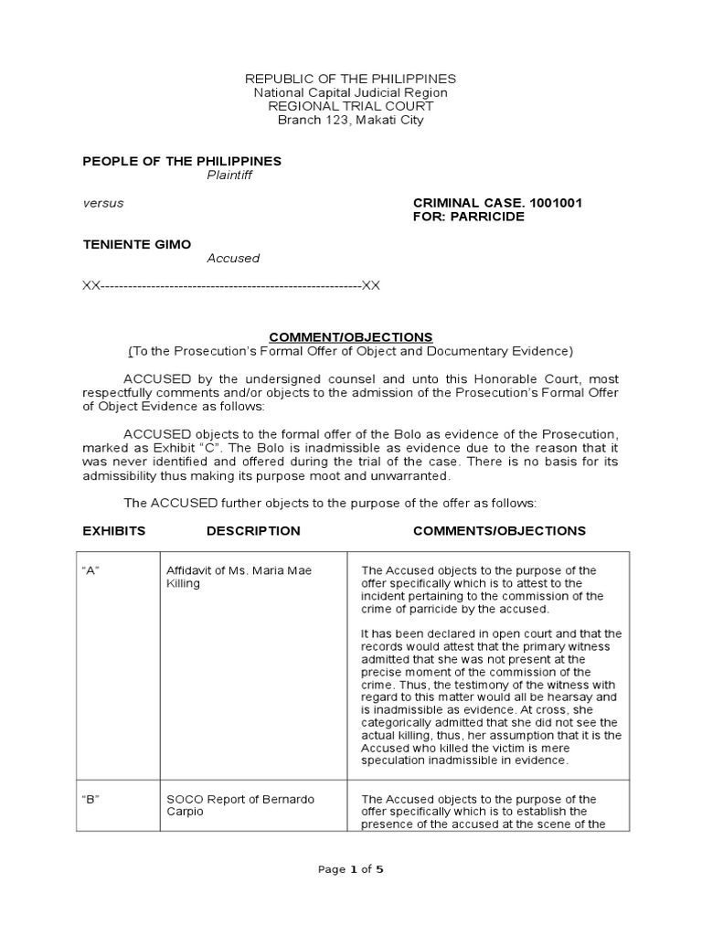 Comment and Opposition To Formal Offer of Evidence | PDF | Witness ...