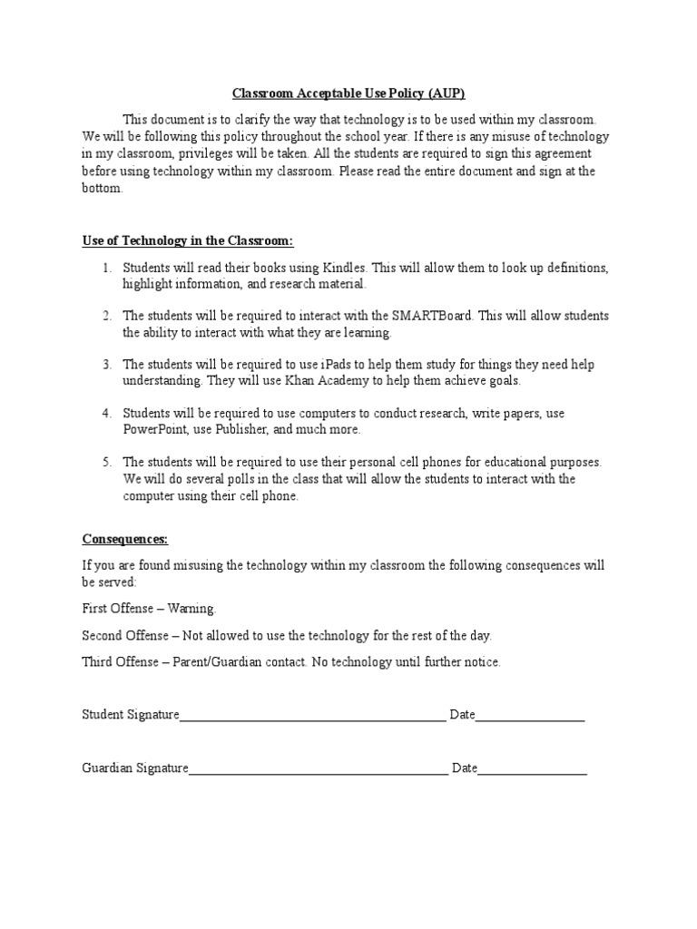 Classroom Acceptable Use Policy (AUP) | PDF | Communication | Behavior ...