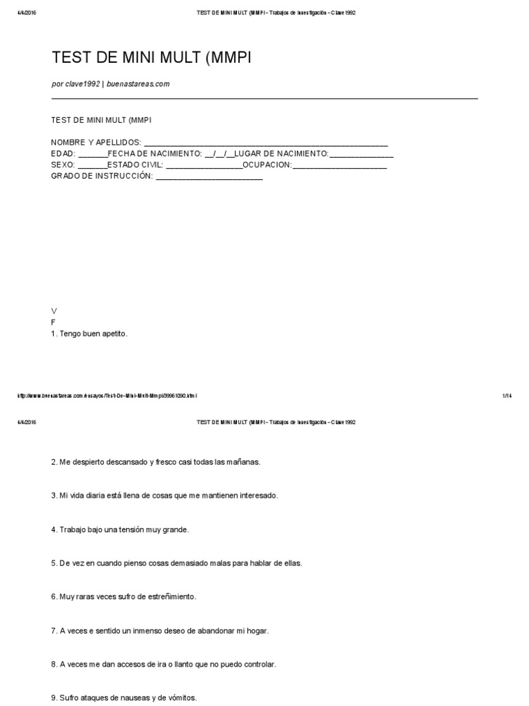 Mini MMPI Test de Personalidad | PDF | Enfermedades y trastornos ...