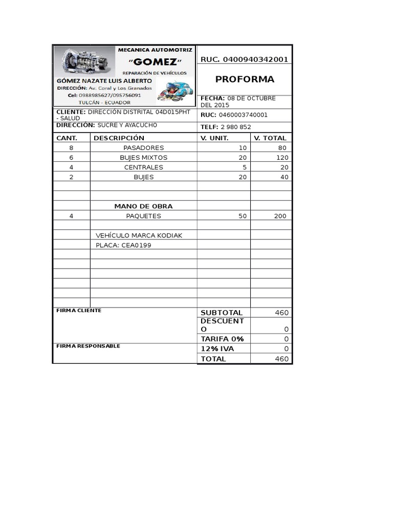 EJEMPLO PROFORMA MECANICA