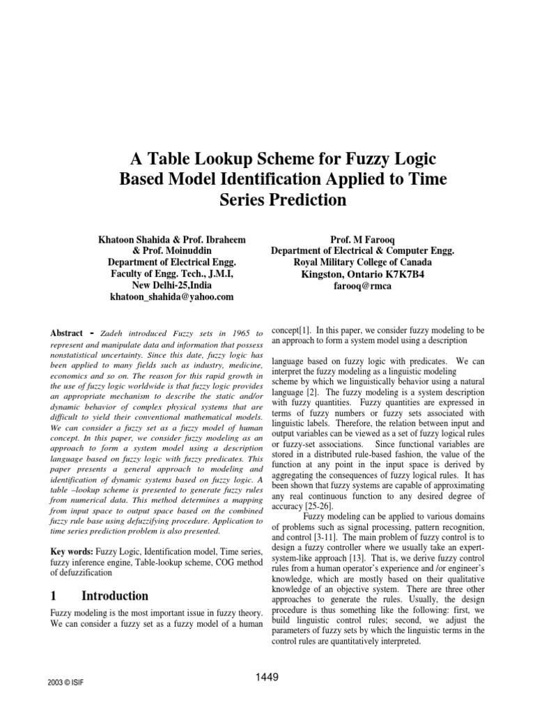 A Table Lookup Scheme For Fuzzy Logic Based Model Identification Applied To Time Series ...