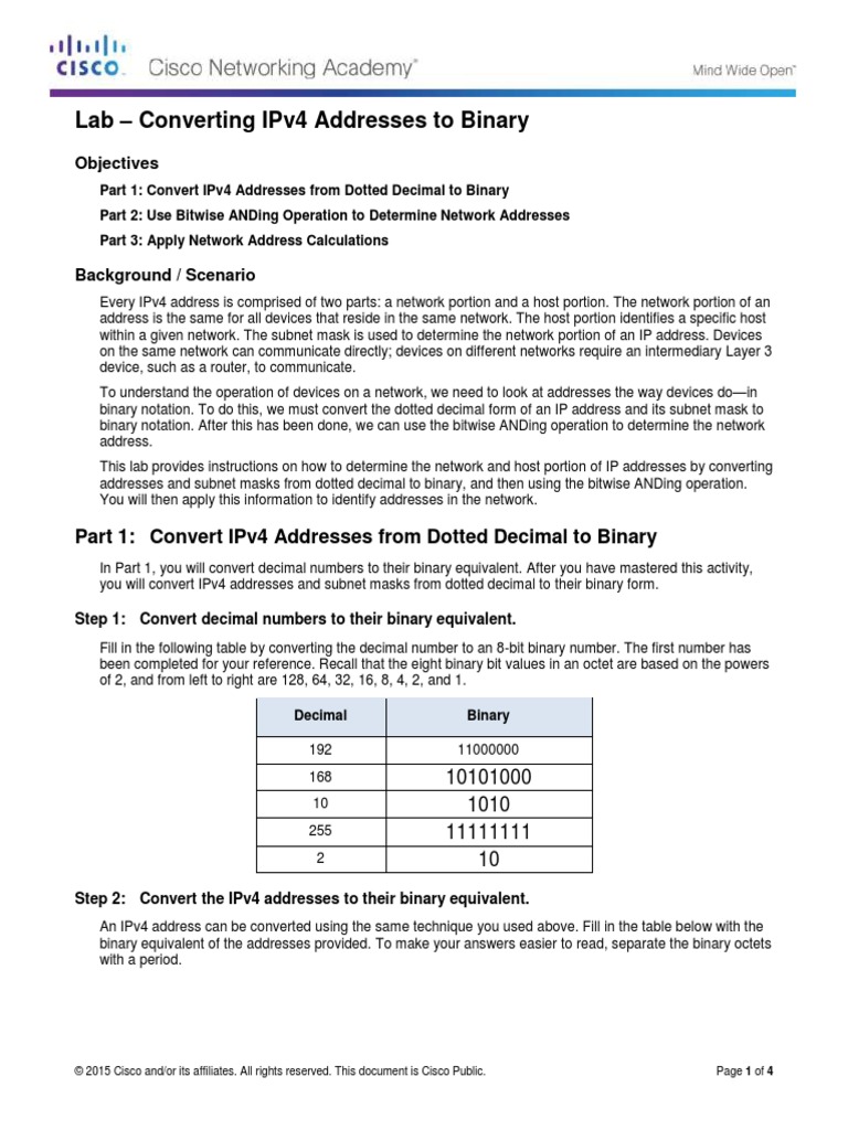 7.1.2.9 Lab - Converting IPv4 Addresses to Binary | Ip Address | Network Protocols