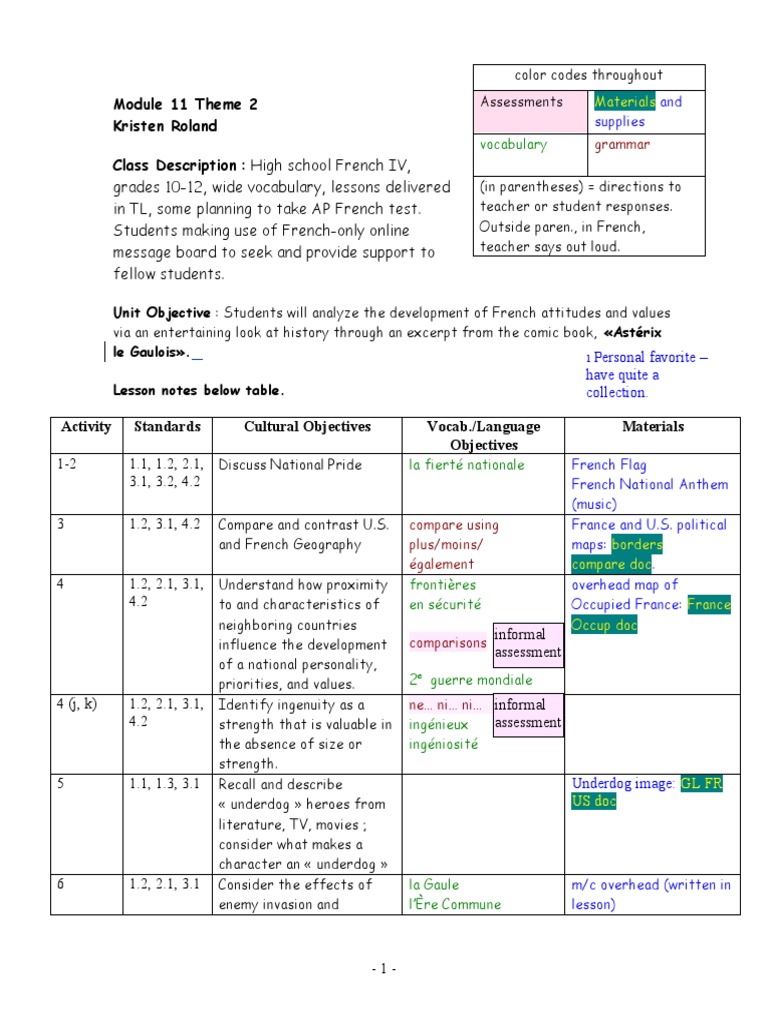 Asterix French IV | PDF | Lesson Plan | Rubric (Academic)