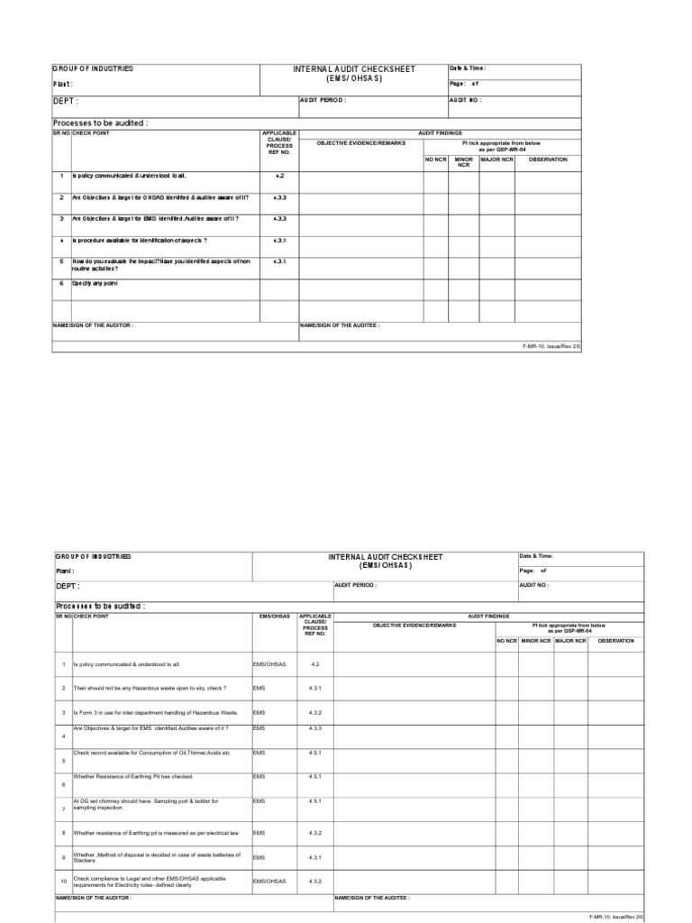 EMS/OHSAS Internal Audit Checklist | PDF | Technology & Engineering