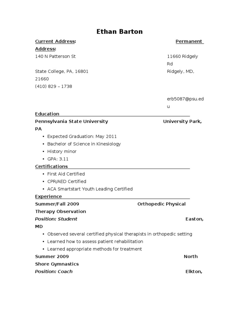 Ethan Barton: Position: Student Easton | PDF | Wellness