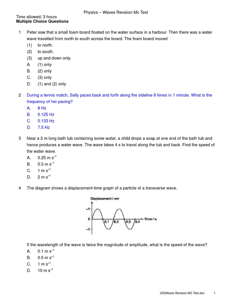 Waves Revision MC Test | PDF | Lens (Optics) | Wavelength