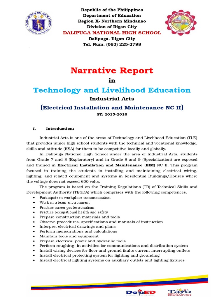 Narrative Report of TLE-Industrial Arts | PDF | Secondary School | Electricity