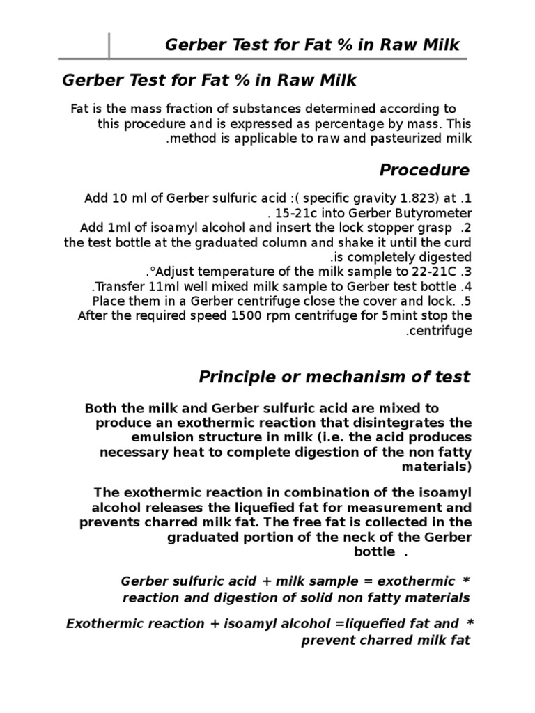 Gerber Test for Milk Fat Analysis | PDF | Centrifuge | Milk