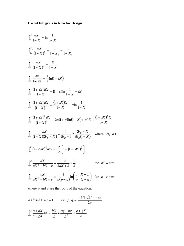Essential Integrals for Reactor Design | PDF