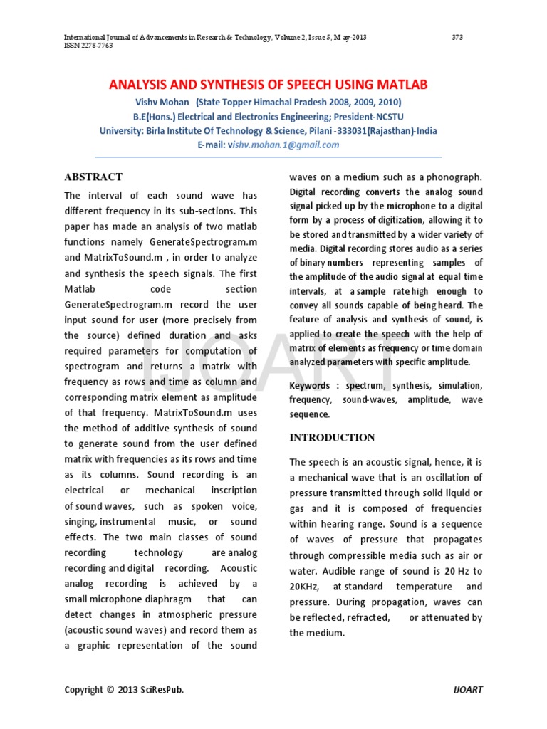 Analysis and Synthesis of Speech Using Matlab | PDF | Spectral Density ... Analysis and Synthesis of Speech Using Matlab | PDF | Spectral Density ...