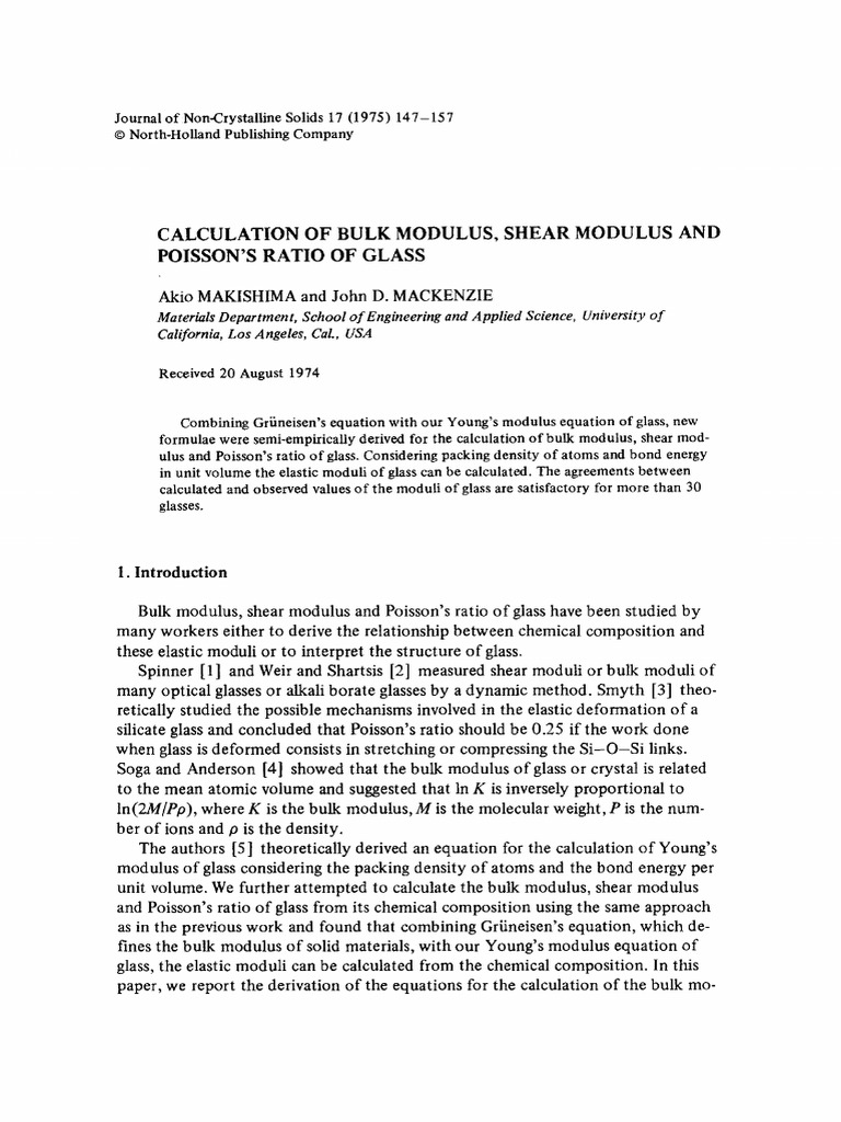 Calculation of Bulk Modulus Shear Modulus and Poisson S Ratio of Glass ...