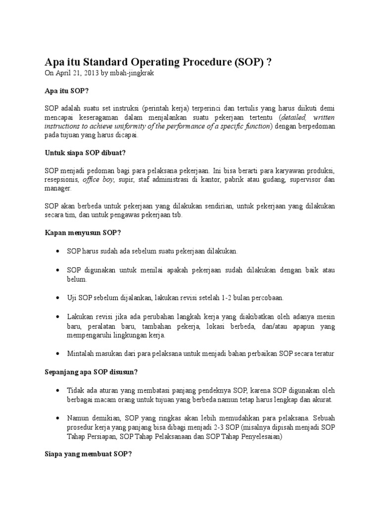 Apa Itu Standard Operating Procedure | PDF