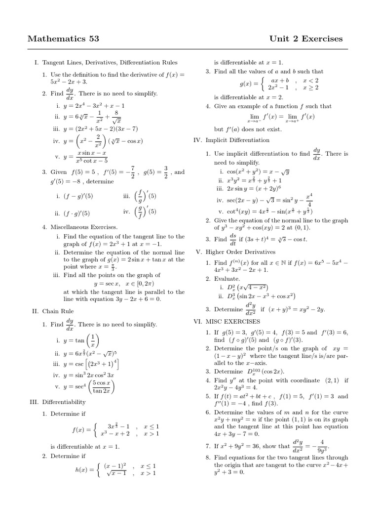 Calculus Derivatives and Tangent Lines Exercises | PDF | Volume ...
