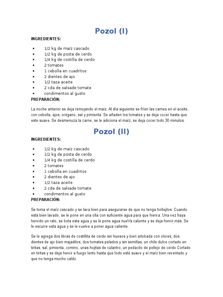 Receta de Pozol Tico: Ingredientes y Preparación | PDF