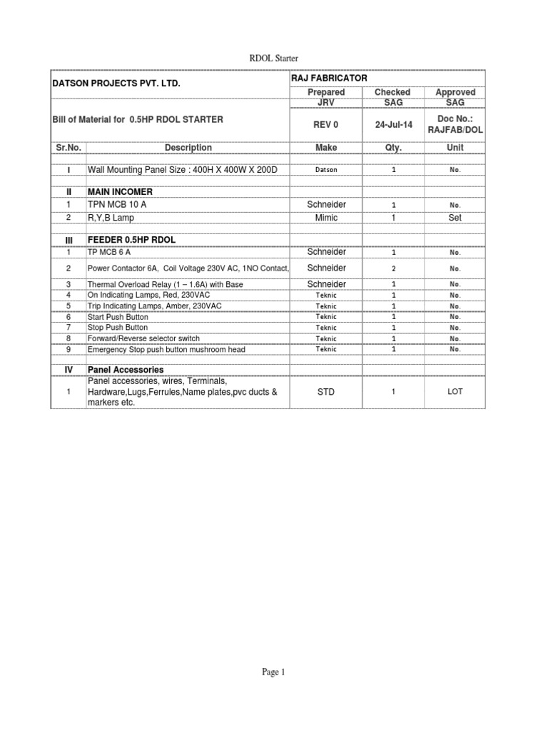 0.5HP RDOL Starter BOM & Logic | PDF | Switch | Electronics