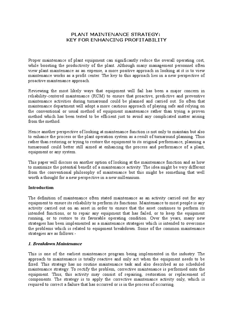 Plant Maintenance Strategy | PDF | Reliability Engineering | Strategic ...