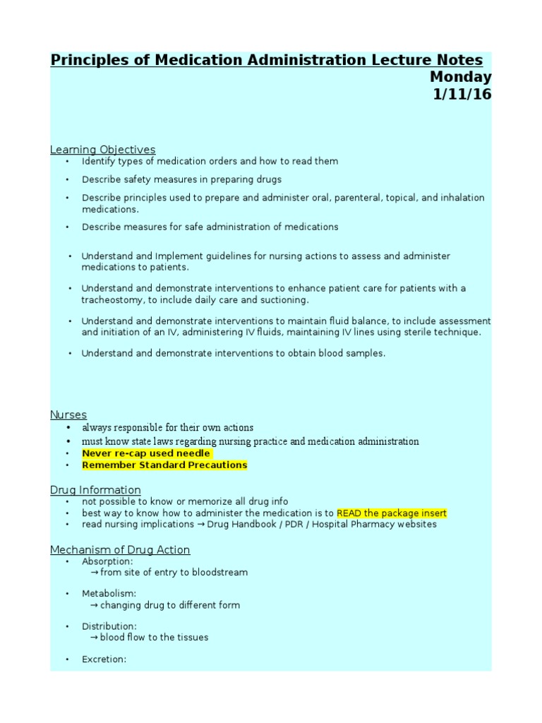 Principles of Medication Administration Notes | PDF | Intravenous ...
