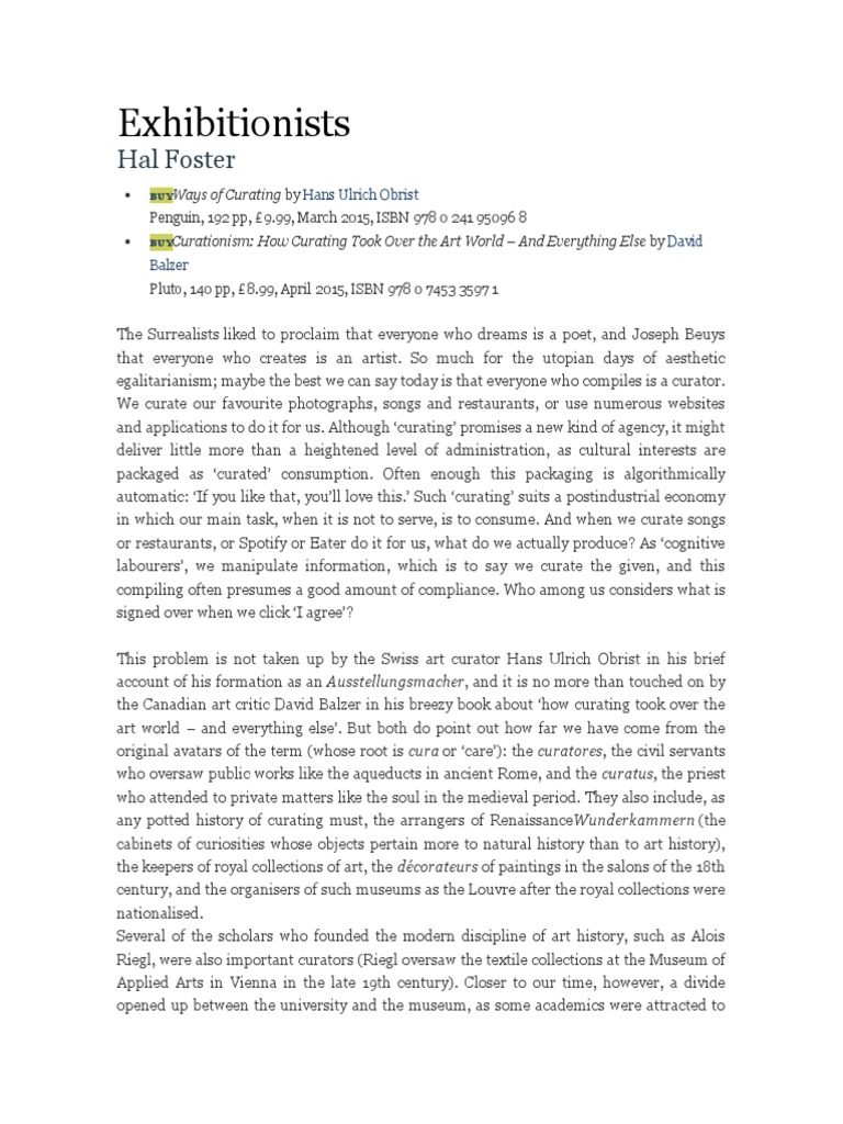 2015 Hal Foster Exhibitionists (LRB) | PDF | Museology | Library And Museum