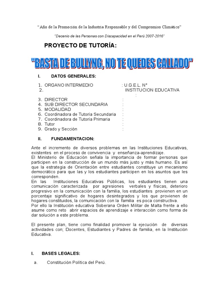 Proyecto de Tutoría contra el Bullying | PDF | Educación Secundaria ...