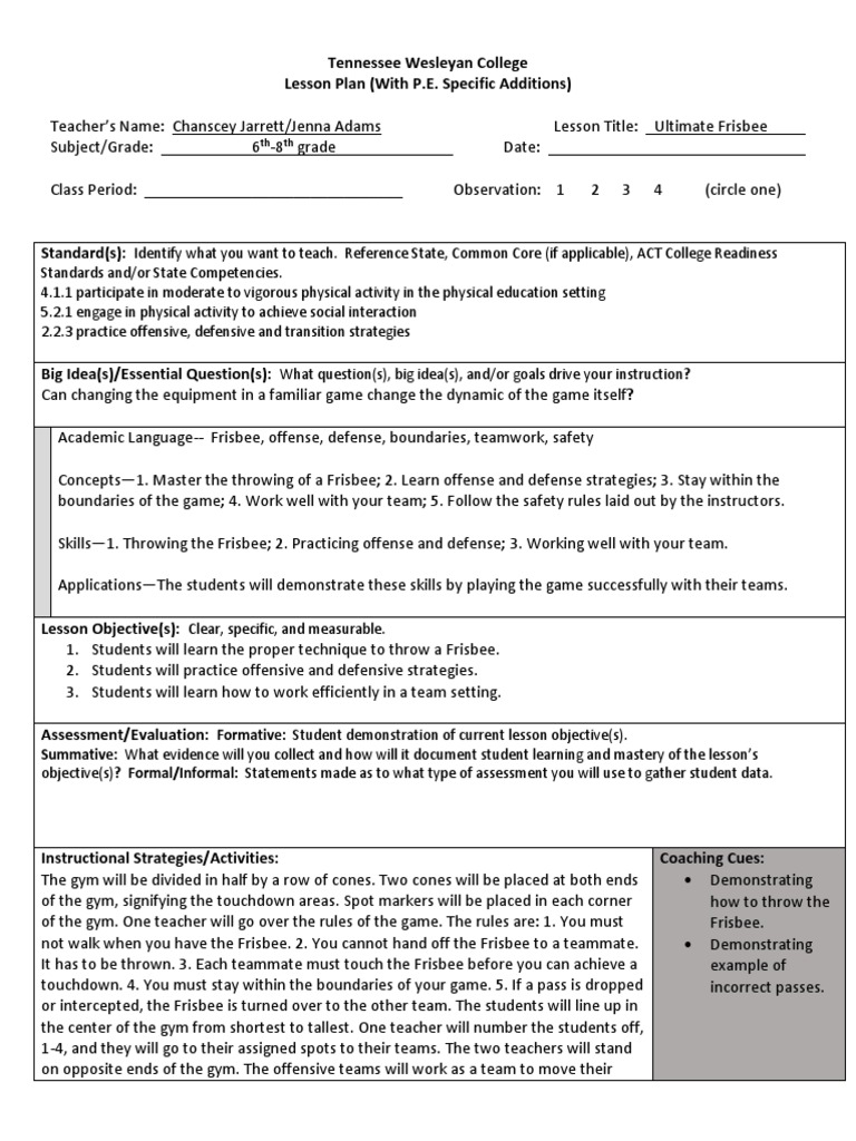 Tennessee Ultimate Frisbee Lesson Plan | PDF | Physical Education ...