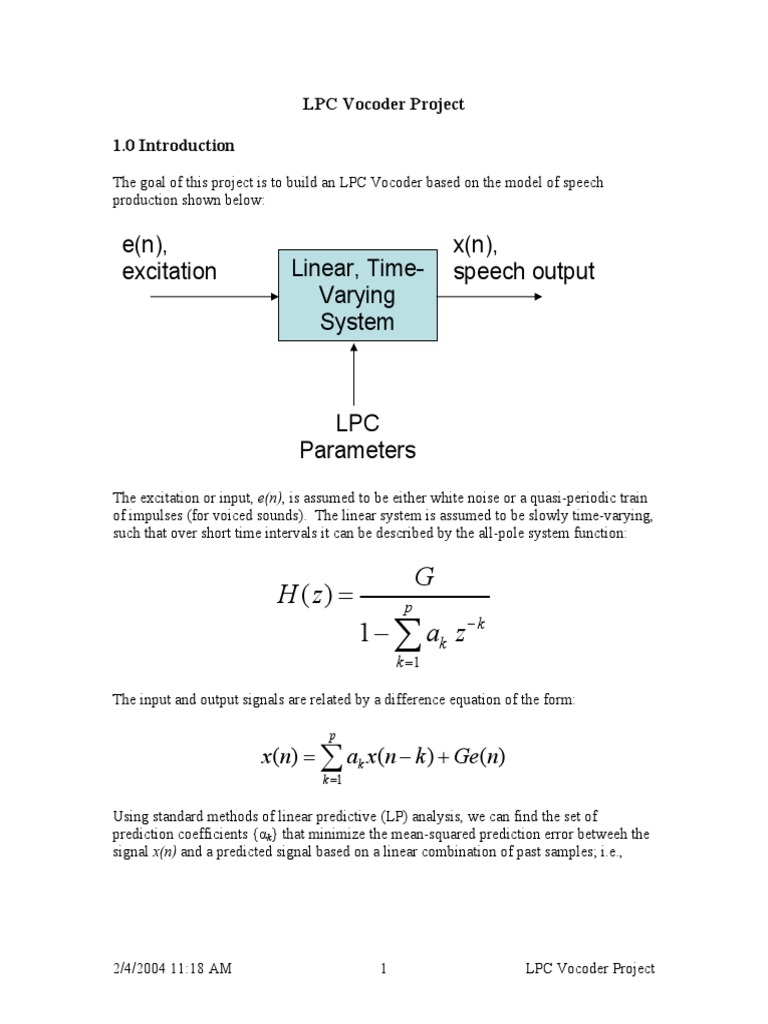 Linear, Time-Varying System e (N), Excitation X (N), Speech Output ...