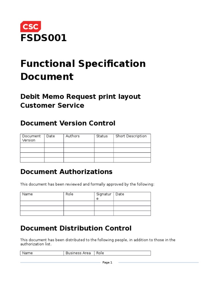 FSDS001 Functional Specification Document: Debit Memo Request Print Layout Customer Service ...