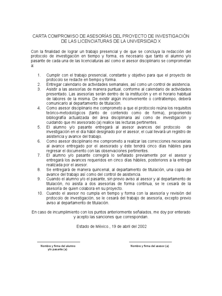 Carta Compromiso para Protocolo de Titulación | PDF