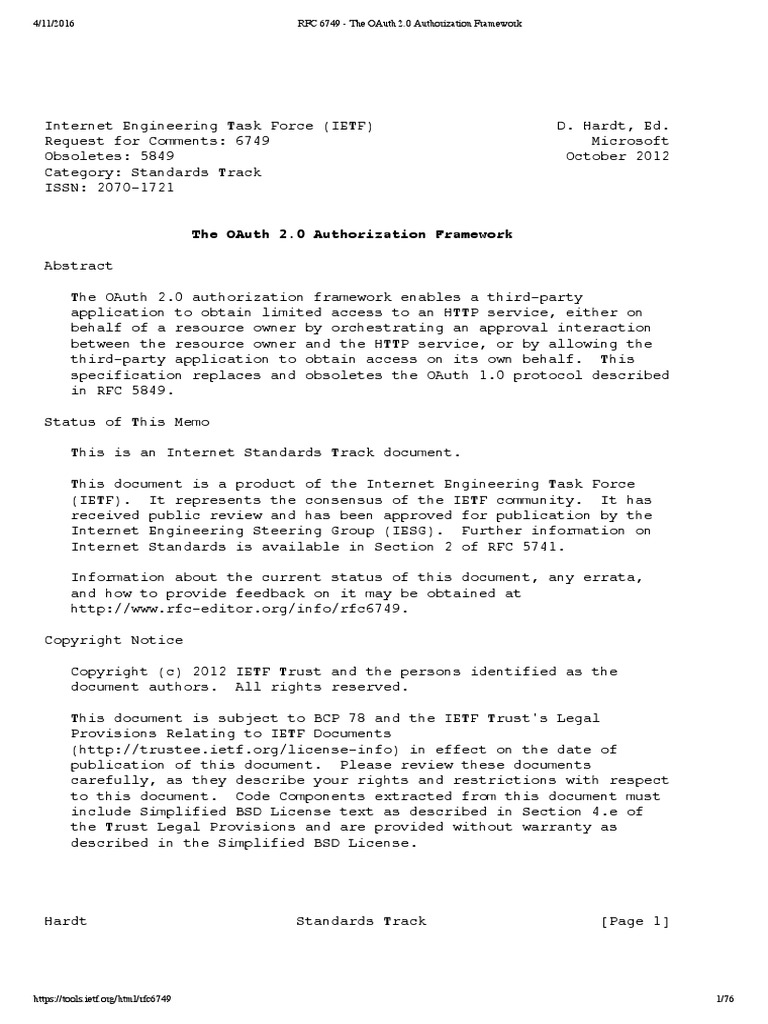 Rfc 6749 The Oauth 2 Pdf Hypertext Transfer Protocol Uniform Resource Identifier
