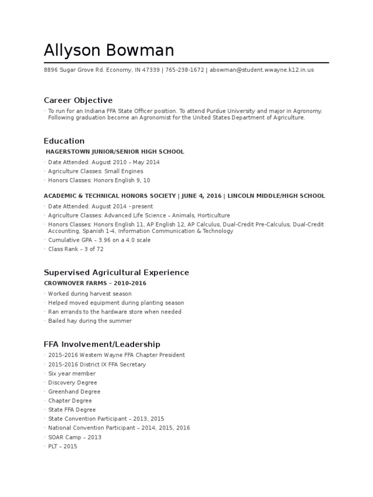 FFA Officer Resume for Allyson Bowman | PDF | Career & Growth | Social ...