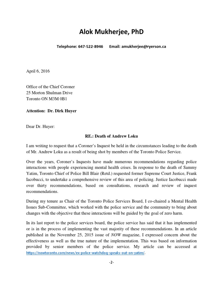 Andrew Loku Letter To Coroner | PDF | Mystery, Thriller & Crime Fiction