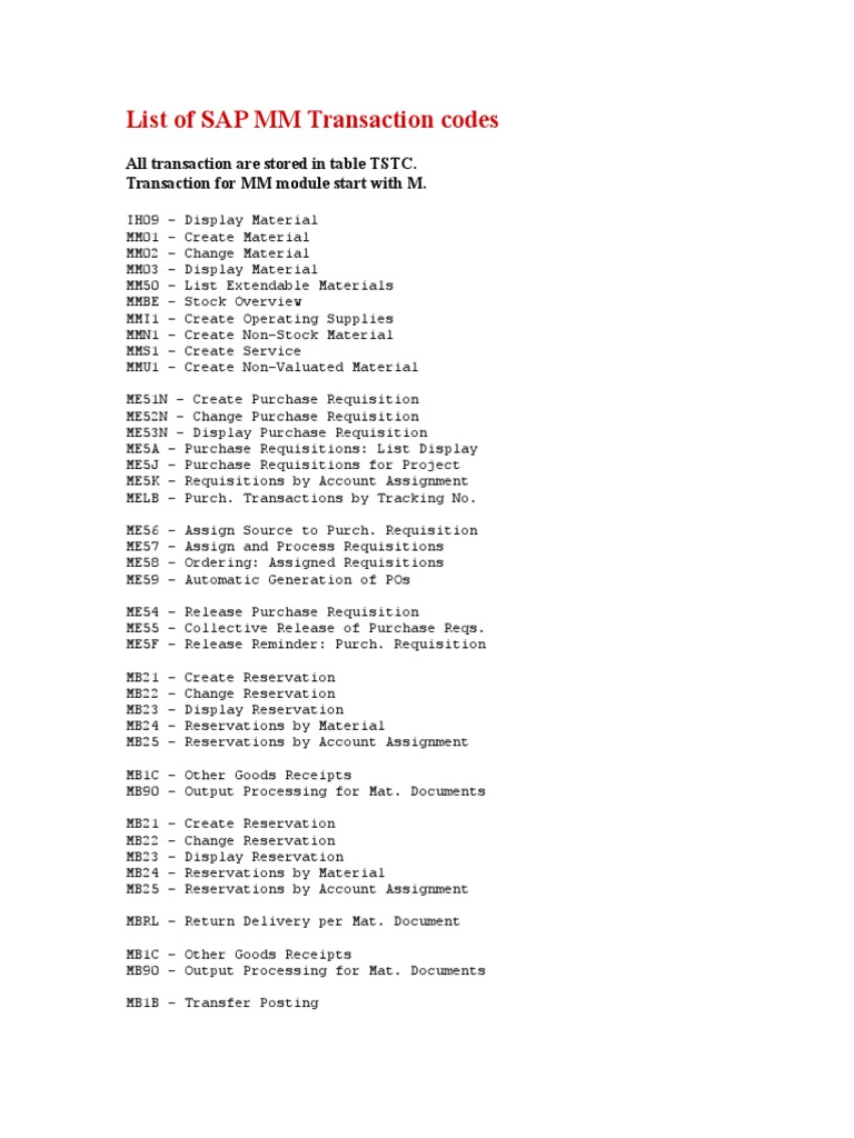 List of SAP MM Transaction Codes: All Transaction Are Stored in Table ...