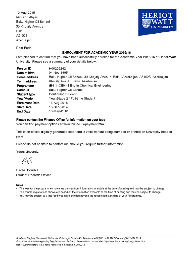 Confirmation of Enrollment 2015/16 | PDF