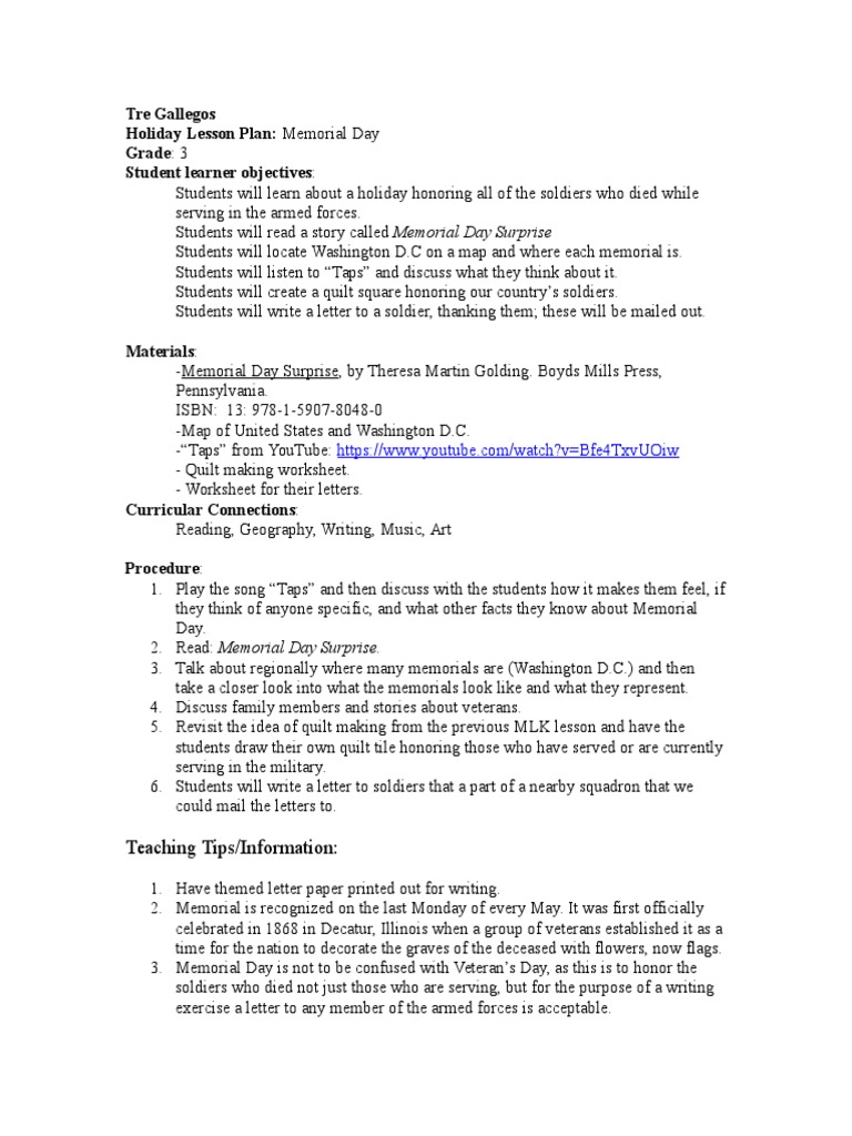Tre Gallegos Holiday Lesson Plan: Memorial Day Grade: 3 Student Learner ...