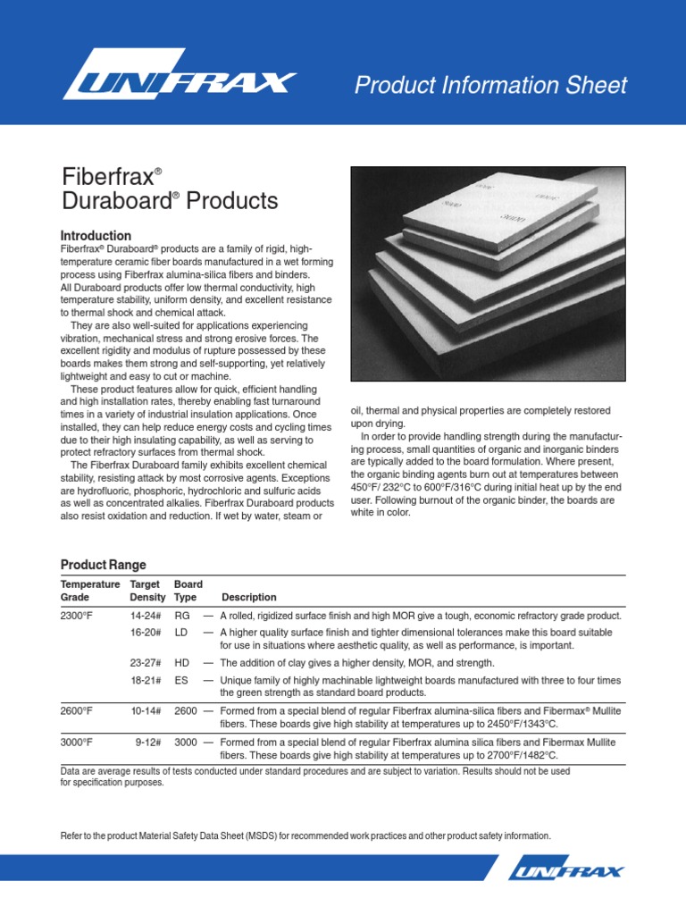 Fiberfrax Duraboard Products: Product Information Sheet | PDF ...