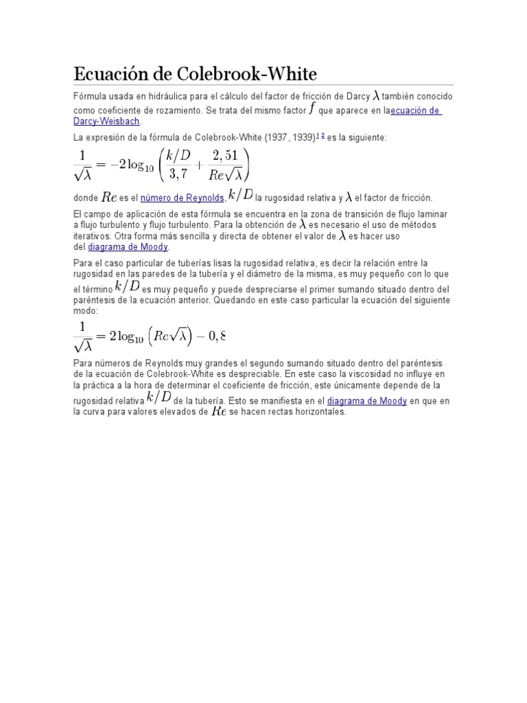 Ecuación de Colebrook-White en Hidráulica | PDF