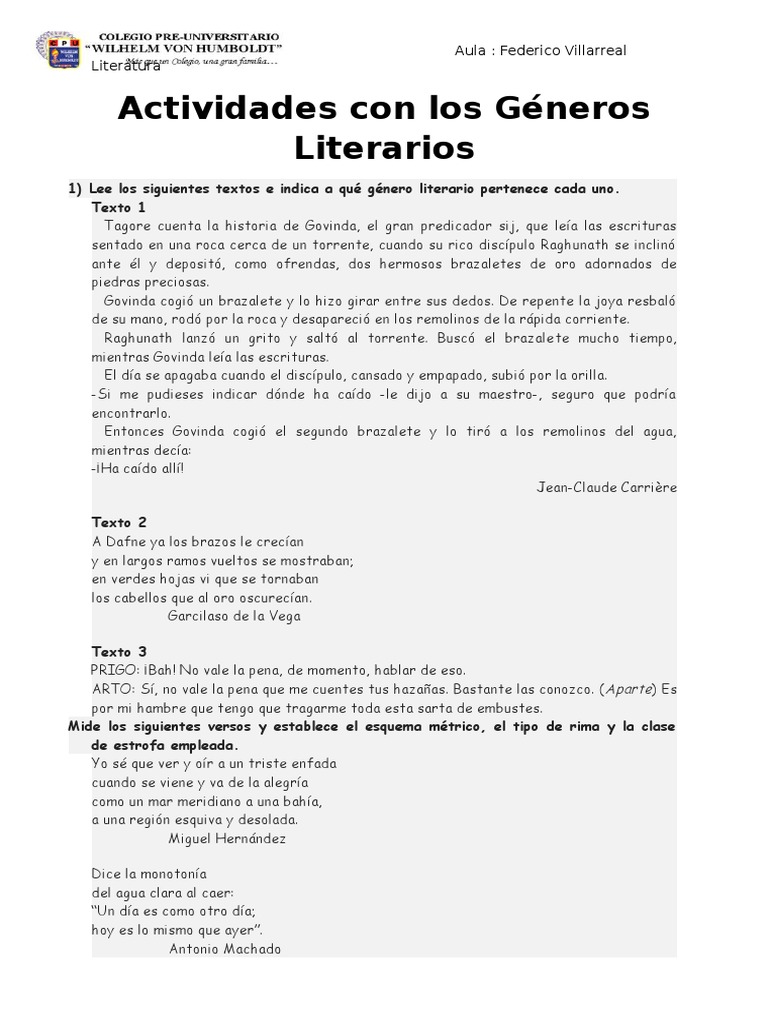 Actividades Con Los Géneros Literarios | PDF | Rima | Poesía