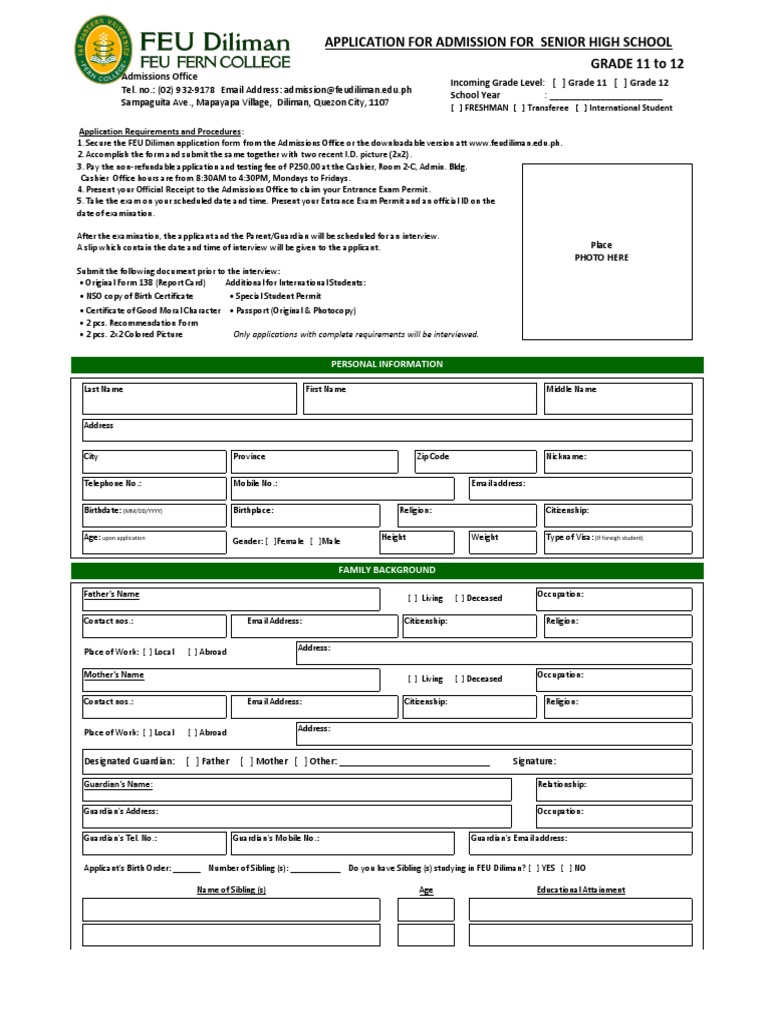 Feu Diliman Application Form Senior High School | University And ...